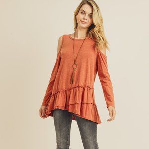 Doe & Rae | Tops | Cold Shoulder Top Angled Ruffle Hem Brick Rust ...